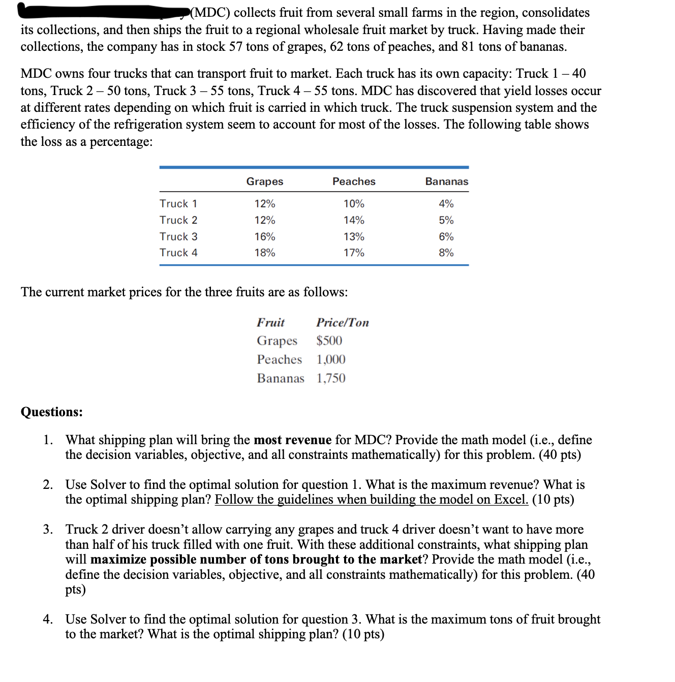 Solved (MDC) collects fruit from several small farms in the | Chegg.com