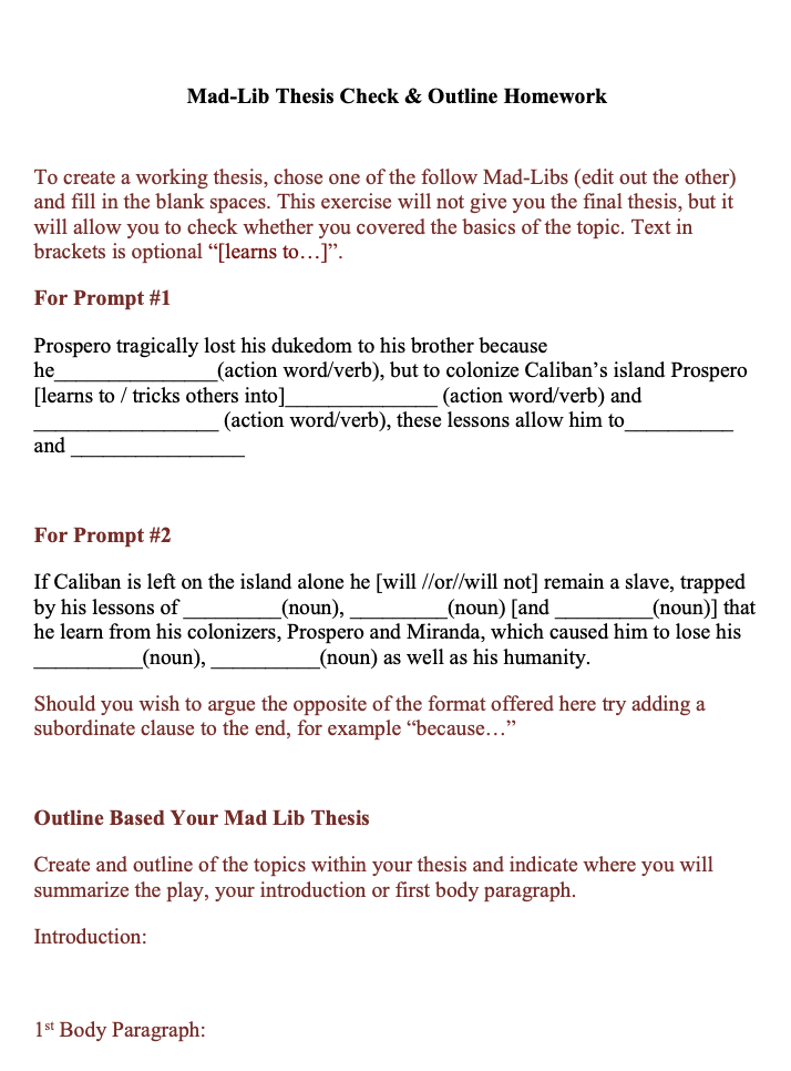 Mad-Lib Thesis Check \& Outline Homework To create a | Chegg.com