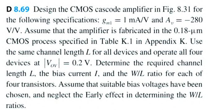 D 8.69 Design the CMOS cascode amplifier in Fig. 8.31 | Chegg.com