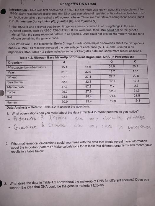 Solved Chargaff's DNA Data - DNA was first discovered in | Chegg.com