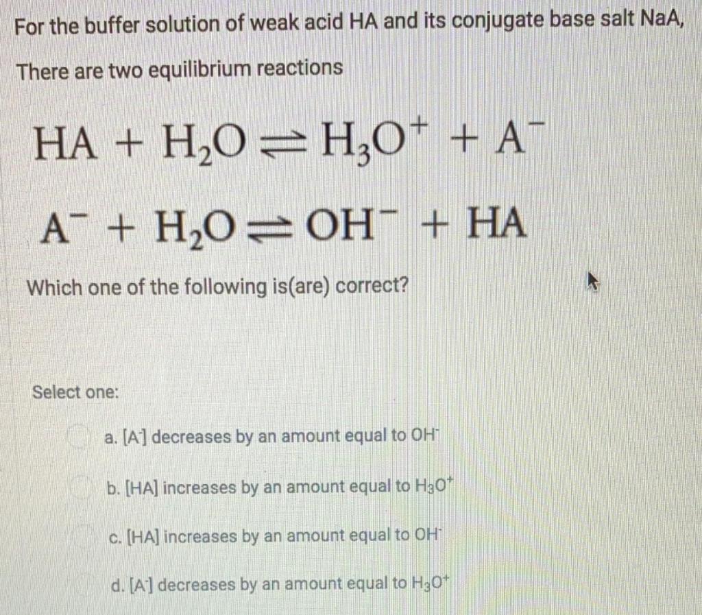 Solved For the buffer solution of weak acid HA and its | Chegg.com