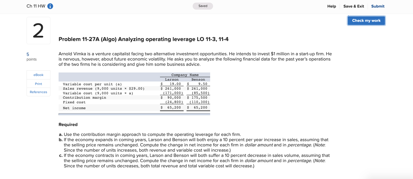 Solved Problem 11-27A (Algo) Analyzing operating leverage LO | Chegg.com
