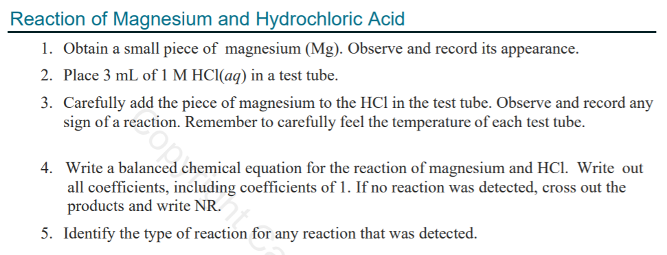 Solved Reaction of Magnesium and Hydrochloric Acid 1. Obtain | Chegg.com