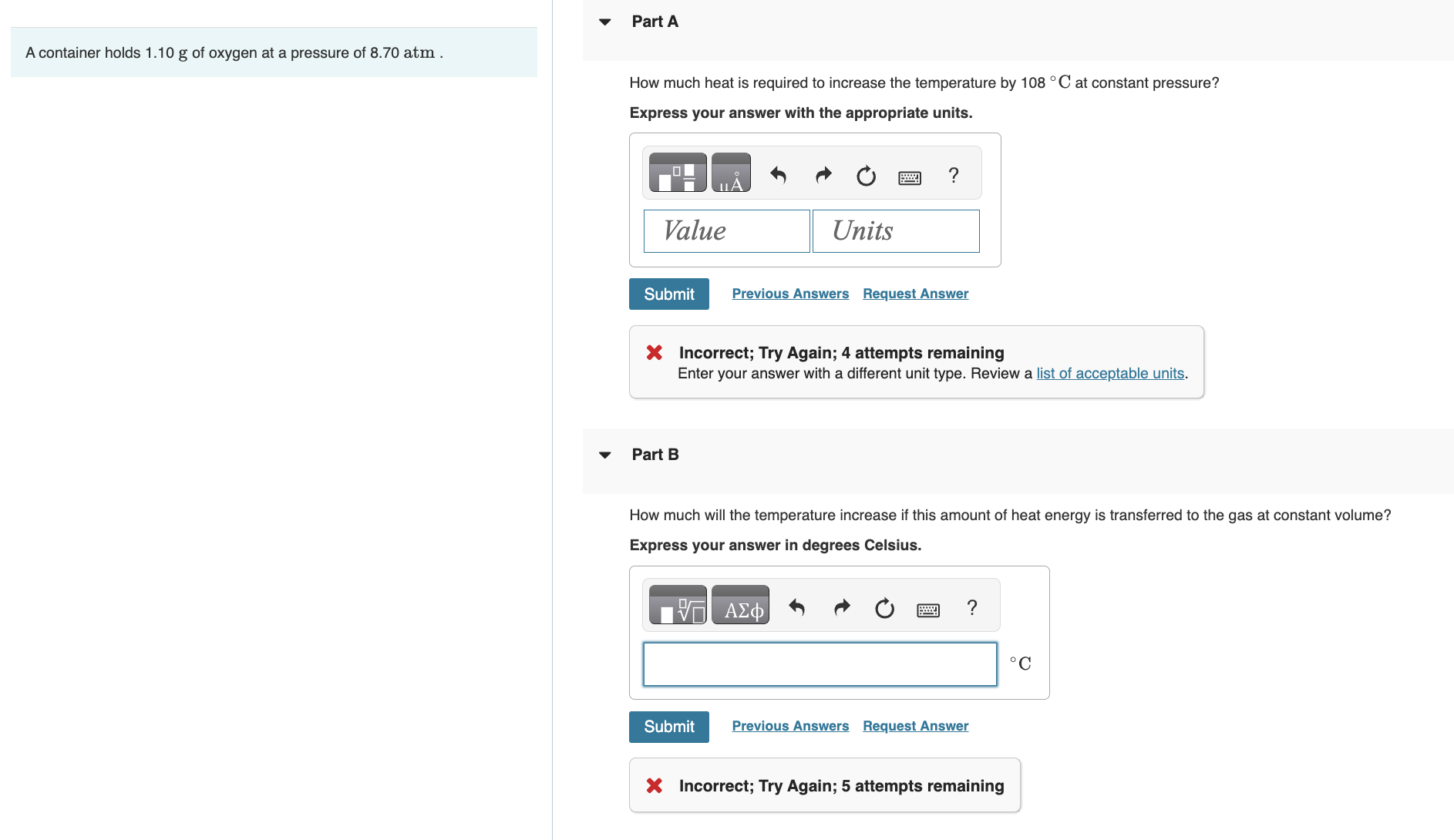 Solved Part AA container holds 1.10g ﻿of oxygen at a | Chegg.com
