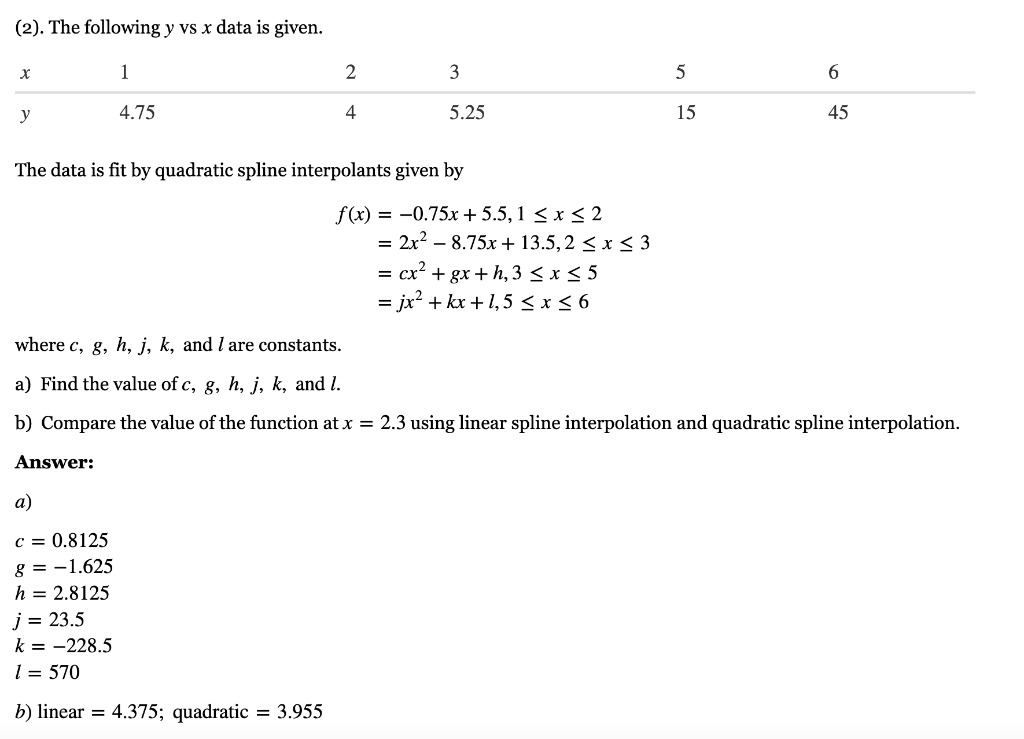 Solved (2). The following y vs x data is given. The data is | Chegg.com