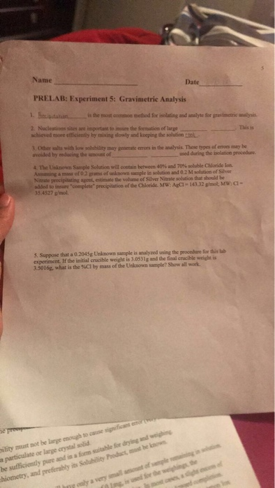 Solved Name Date PRELAB: Experiment 5: Gravimetric Analysis | Chegg.com