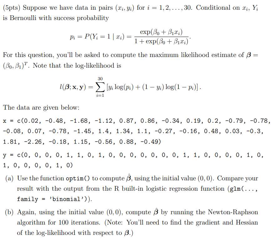 (5pts) Suppose we have data in pairs (xi, yi) for | Chegg.com