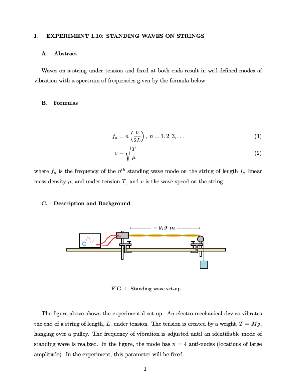 Solved I. EXPERIMENT 1.10: STANDING WAVES ON STRINGS A. | Chegg.com