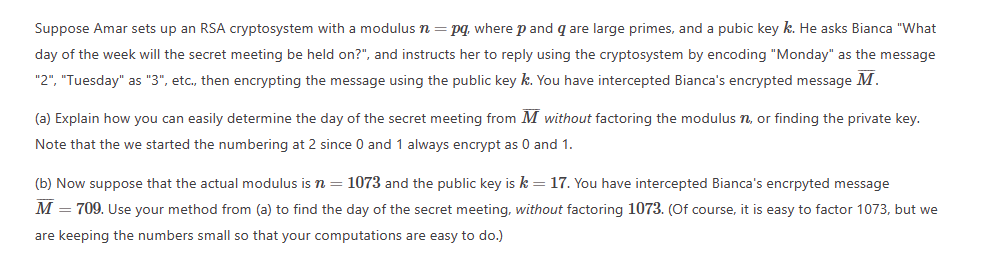 Solved Suppose Amar sets up an RSA cryptosystem with a | Chegg.com