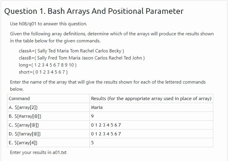 Solved Question 1. Bash Arrays And Positional Parameter Use | Chegg.com
