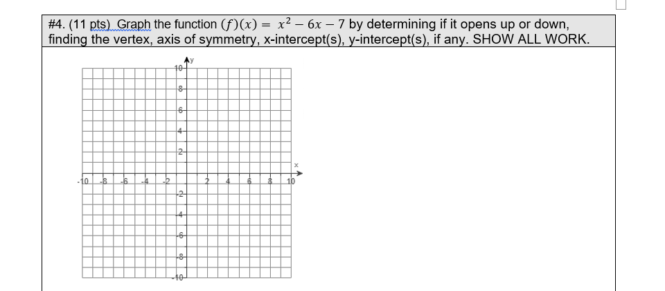 Solved #4. (11 pts) Graph the function (f)(x)=x2−6x−7 by | Chegg.com