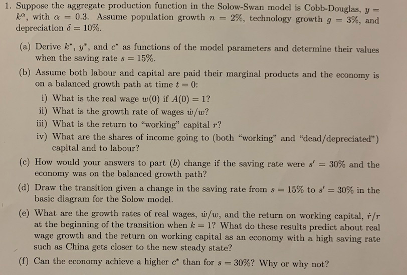 Solved 1. Suppose the aggregate production function in the | Chegg.com