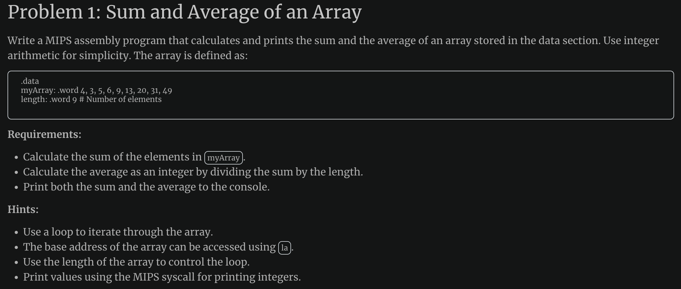 Solved Problem 1: Sum and Average of an ArrayWrite a MIPS | Chegg.com
