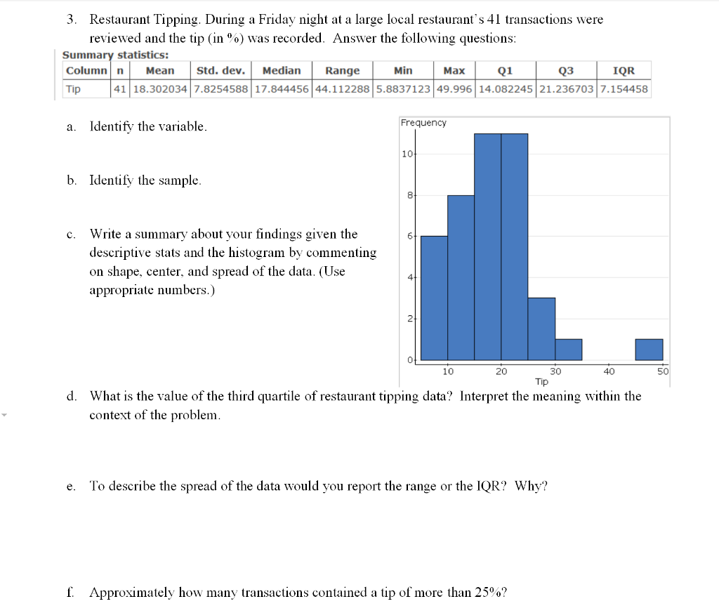Solved 3. Restaurant Tipping. During a Friday night at a | Chegg.com