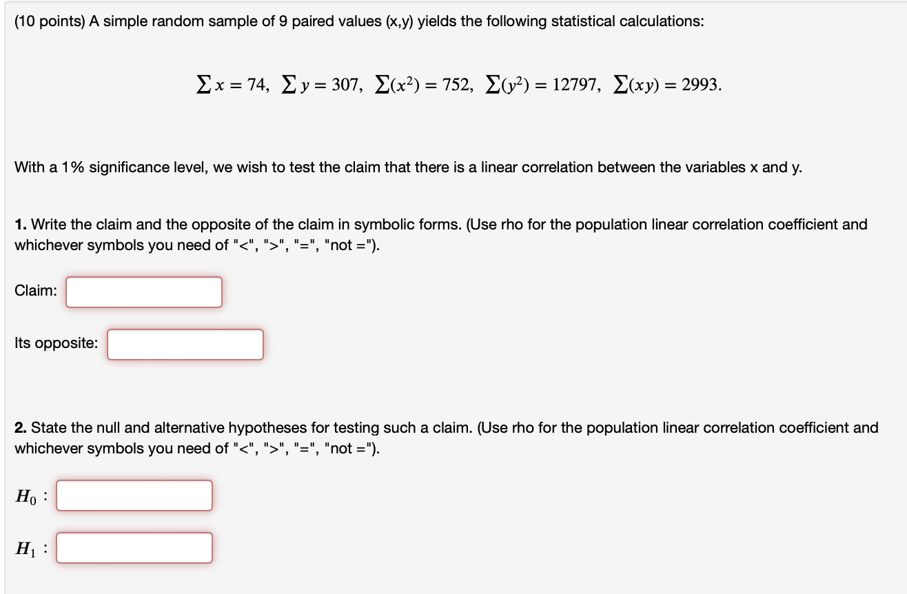 Solved (10 points) A simple random sample of 9 paired values | Chegg.com