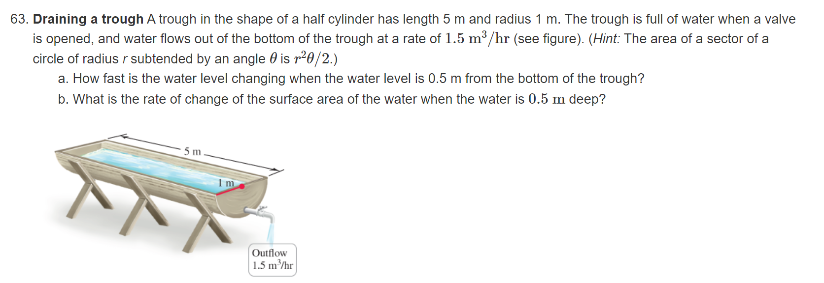 Solved 63. Draining a trough A trough in the shape of a half | Chegg.com