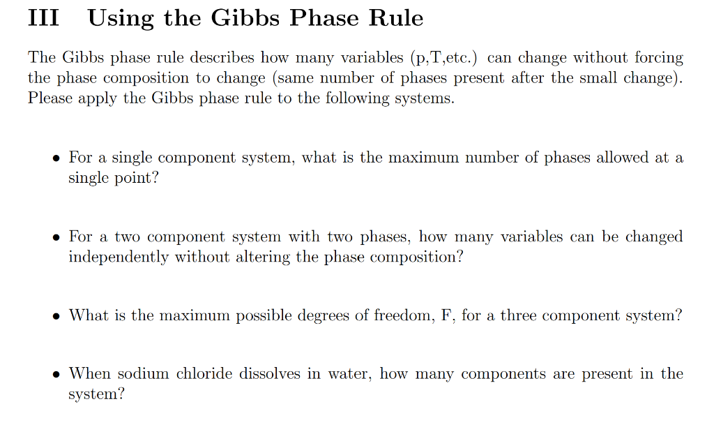 Solved III Using the Gibbs Phase Rule The Gibbs phase rule | Chegg.com