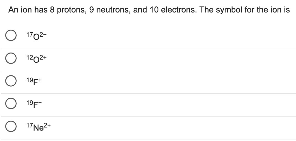 Solved An ﻿ion has 8 ﻿protons, 9 ﻿neutrons, and 10 | Chegg.com