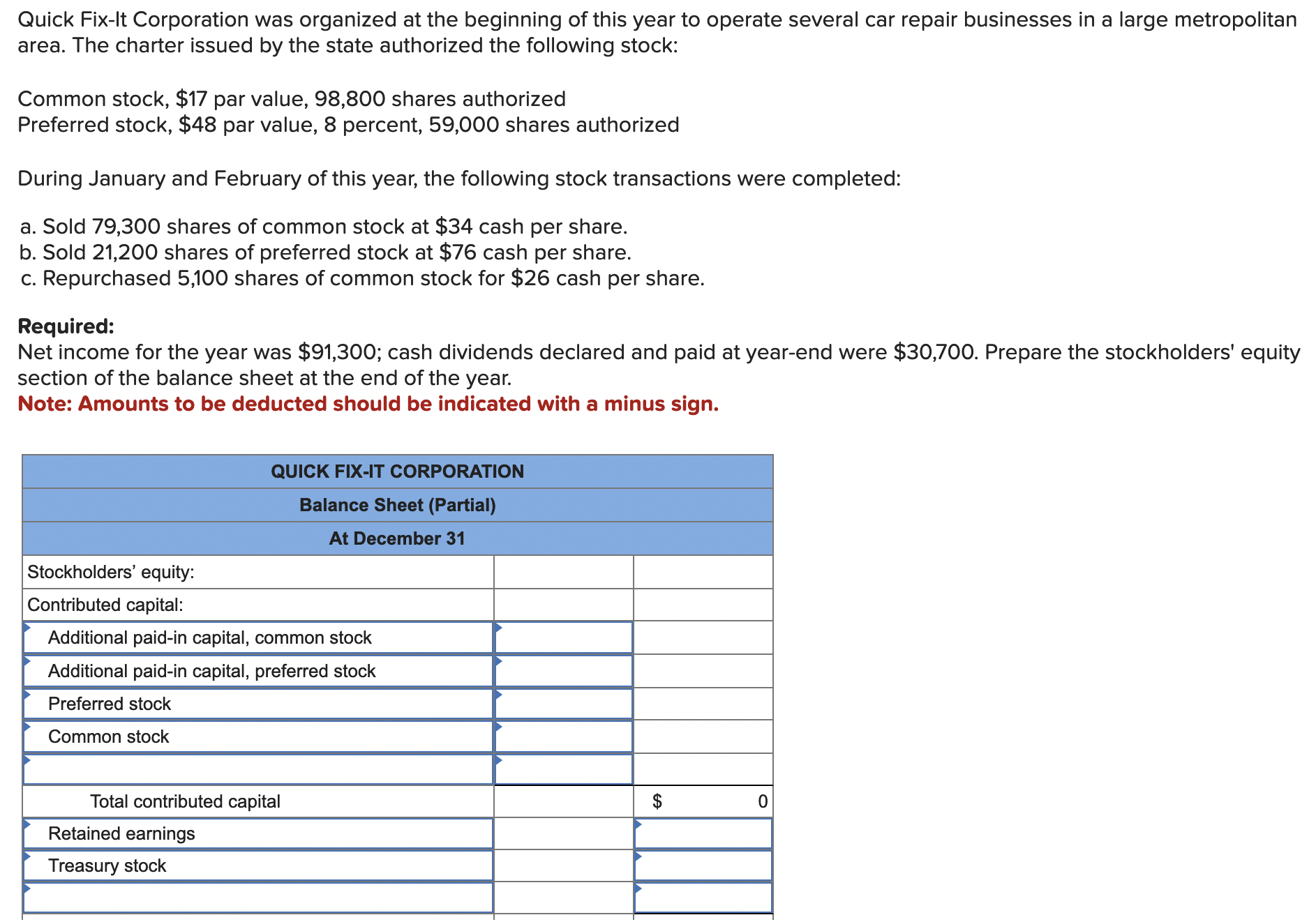 Solved Quick Fix-lt Corporation was organized at the | Chegg.com