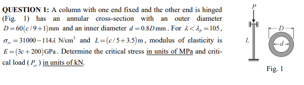Solved D QUESTION 1: A column with one end fixed and the | Chegg.com
