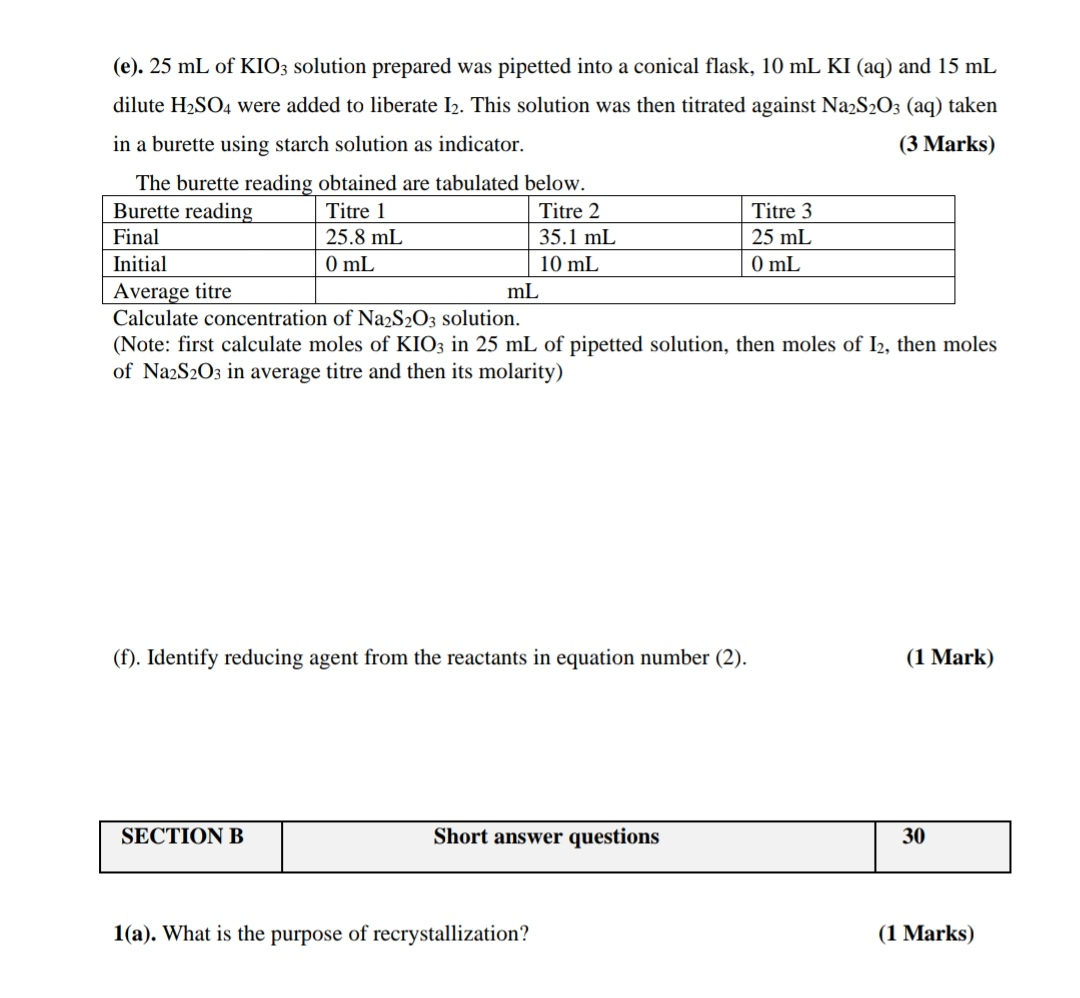 (e). 25 mL of KIO3 solution prepared was pipetted | Chegg.com