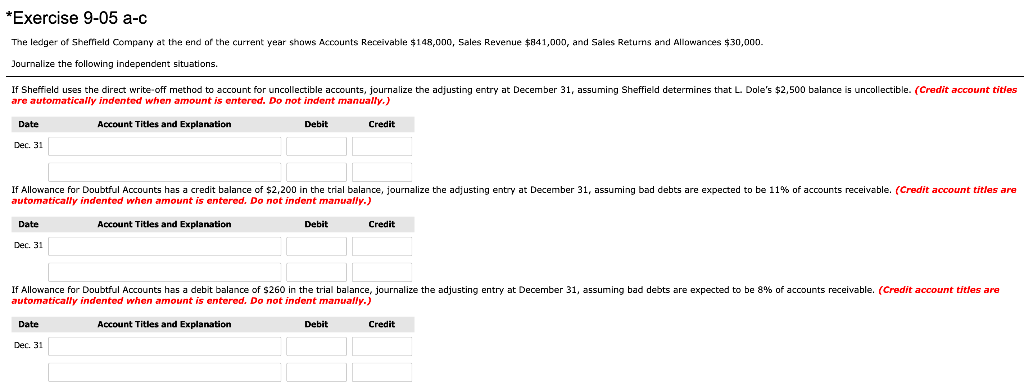 Solved *Exercise 9-05 a-c The ledger of Sheffield Company at | Chegg.com