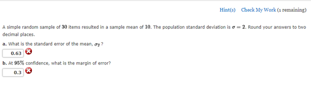 Solved Hint(s) Check My Work (1 remaining) A simple random | Chegg.com