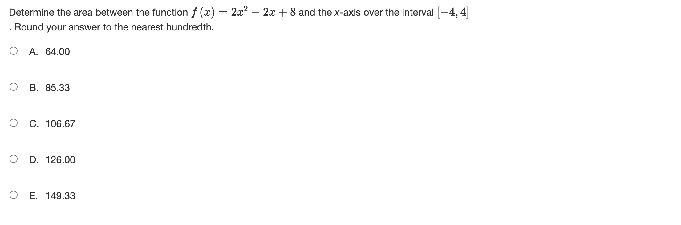 Solved Determine the area between the function f(x)=2x2−2x+8 | Chegg.com