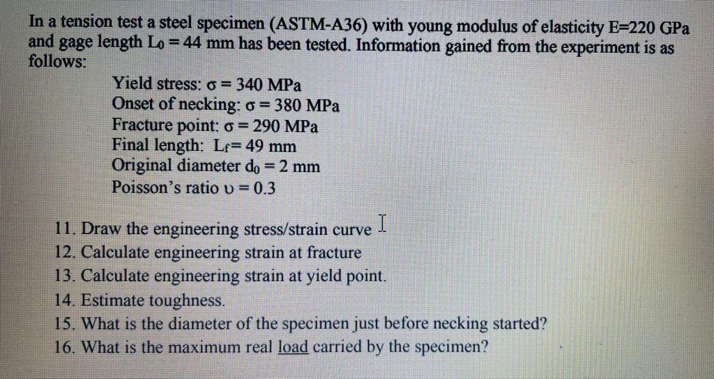 Solved In a tension test a steel specimen (ASTM-A36) with | Chegg.com