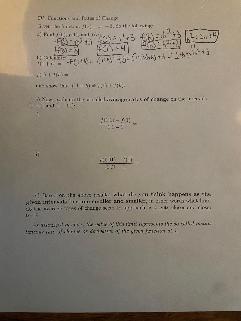Solved 3 IV. Functions and Rates of Change Given the | Chegg.com