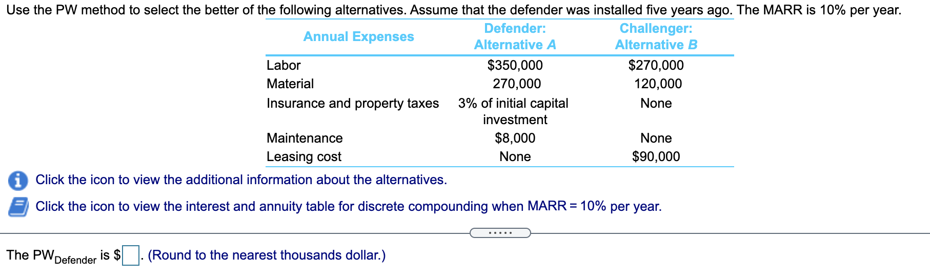 Solved Use the PW method to select the better of the | Chegg.com