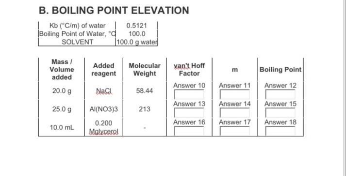 Solved B. BOILING POINT ELEVATION Kb (°C/m) of water 0.5121 | Chegg.com