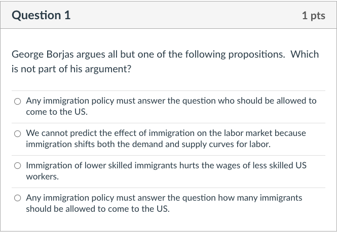 Solved Question 1 1 pts George Borjas argues all but one of | Chegg.com