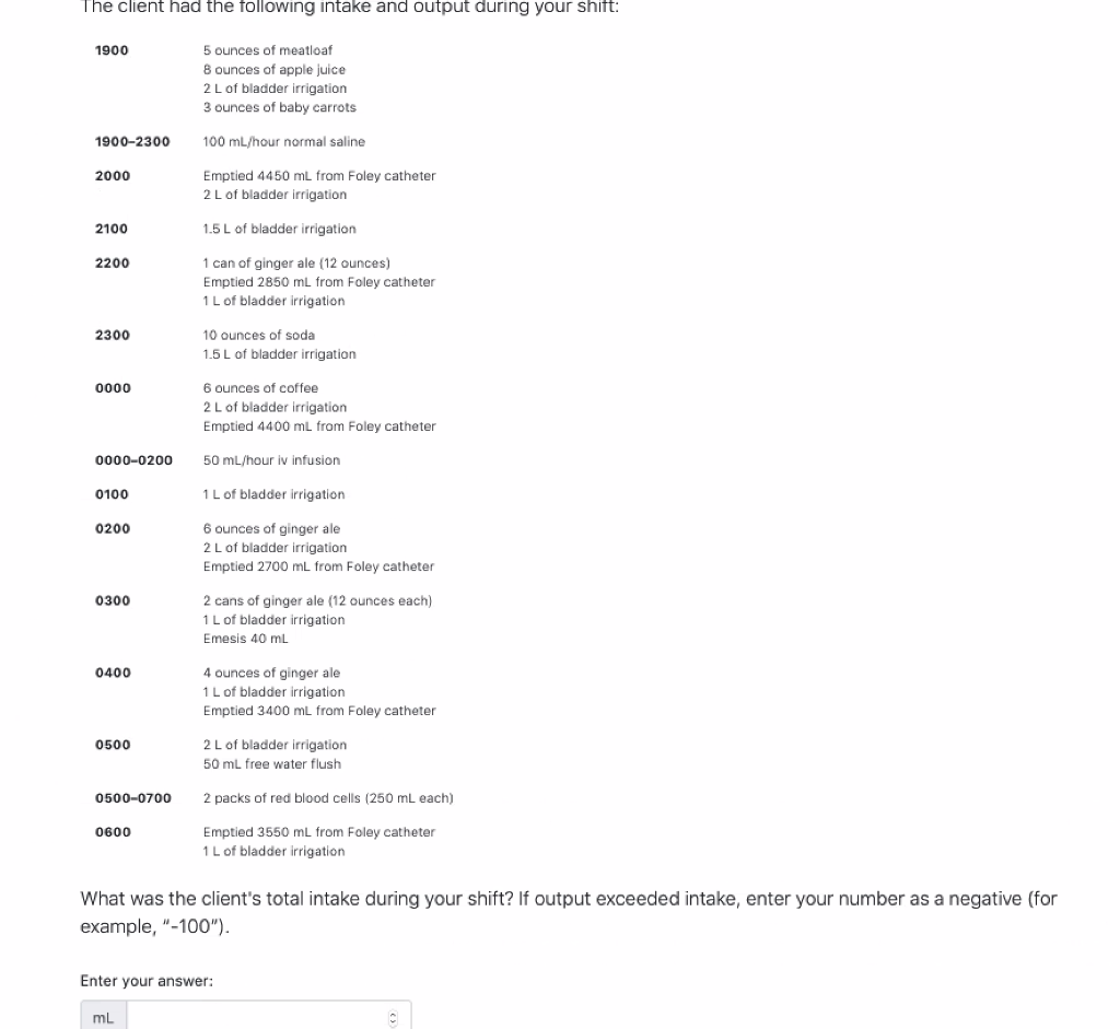 Solved The client had the following intake and output during | Chegg.com
