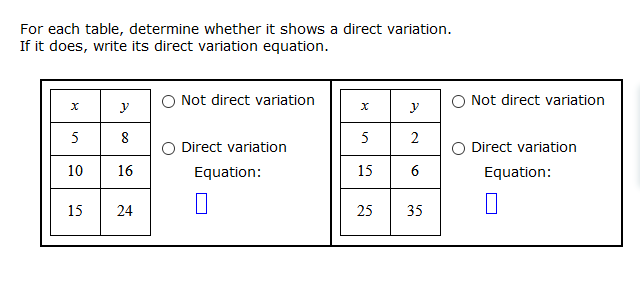 Solved For each table, determine whether it shows a direct | Chegg.com