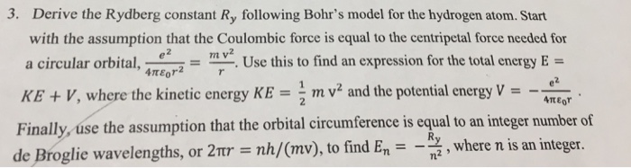 Solved Derive the Rydberg constant R_y following Bohr's | Chegg.com