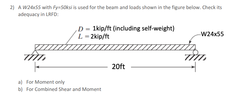 Solved 2) A W24x55 with Fy=50ksi is used for the beam and | Chegg.com