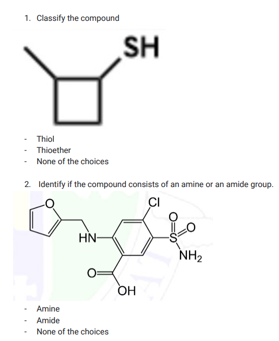 Solved 1. Classify the compound SH Thiol Thioether None of | Chegg.com