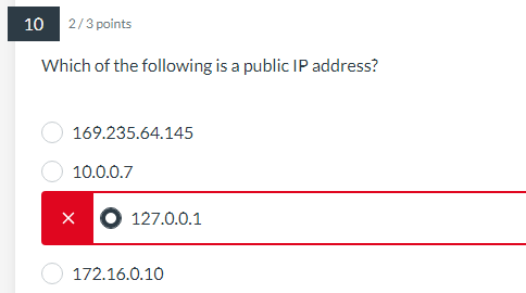 Solved 2/3 points Which of the following is a public IP | Chegg.com