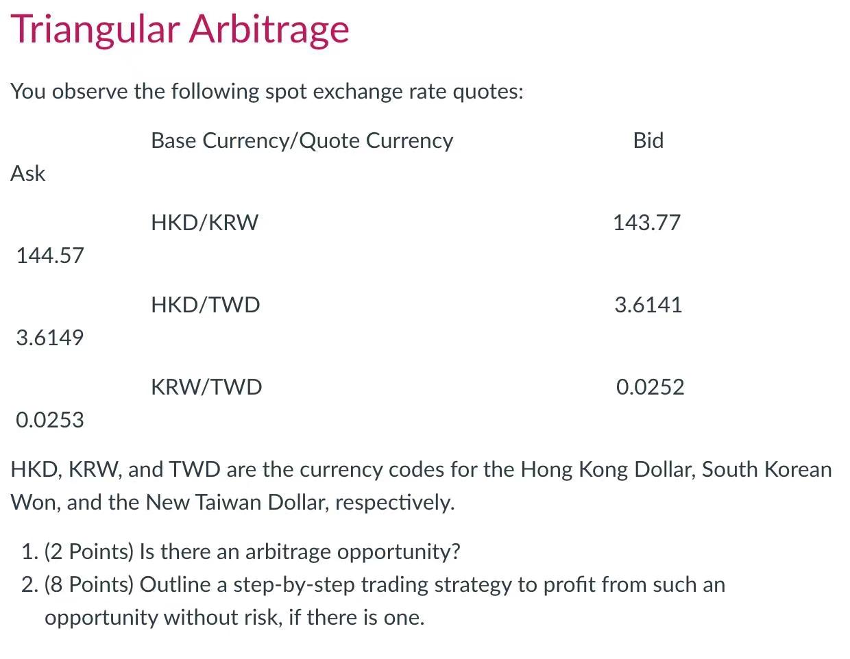Solved Triangular Arbitrage You observe the following spot | Chegg.com