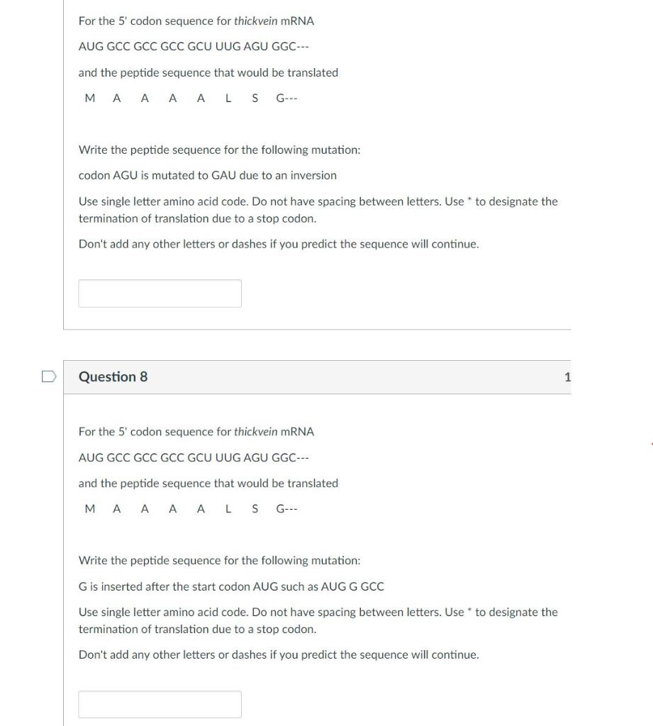 Solved For the 5' codon sequence for thickvein mRNA AUG GCC | Chegg.com