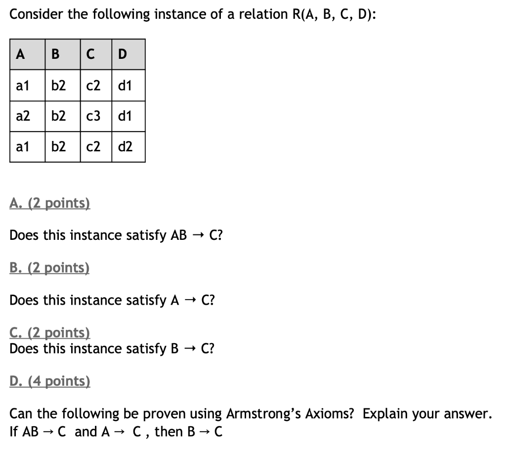 Solved Consider the following instance of a relation R(A, B, | Chegg.com