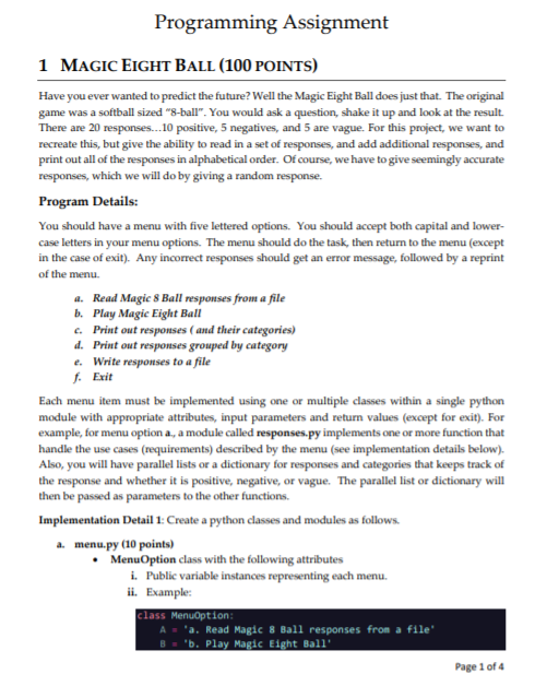 Programming Assignment 1 MAGIC EIGHT BALL (100 | Chegg.com