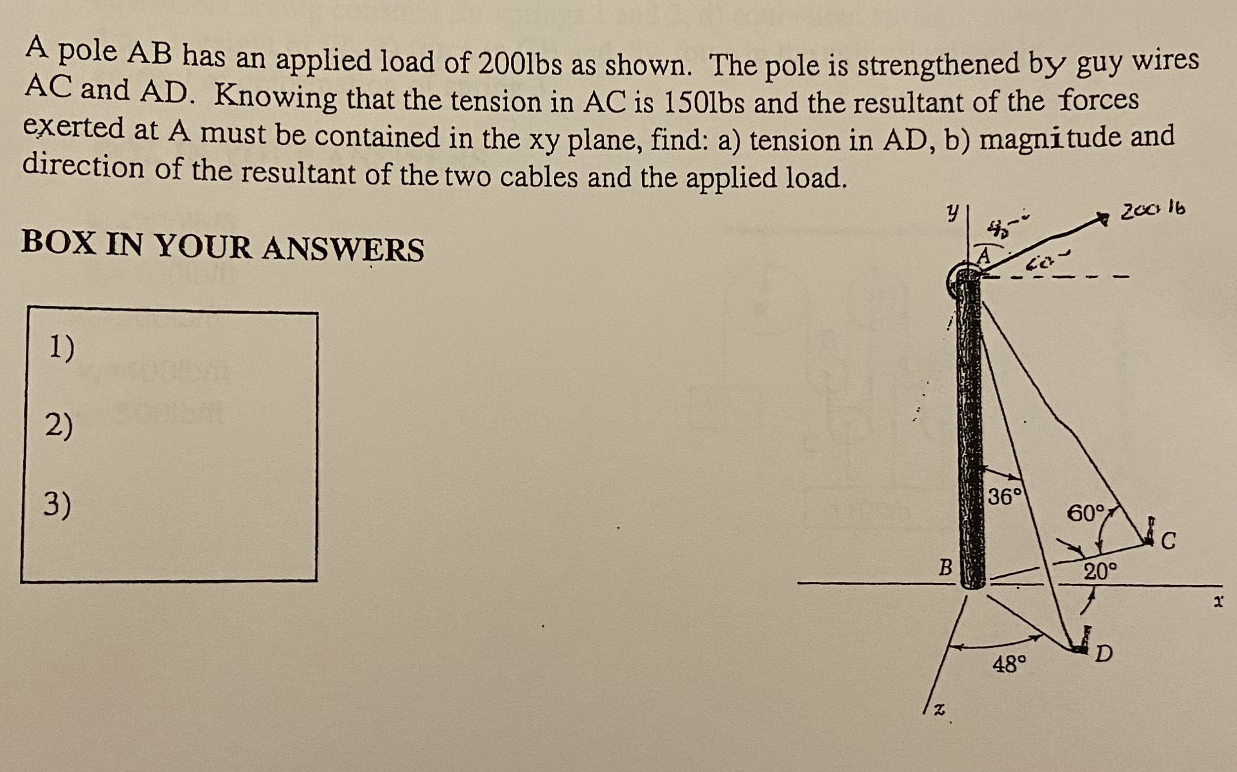 Solved A pole AB has an applied load of 200lbs as shown. The | Chegg.com