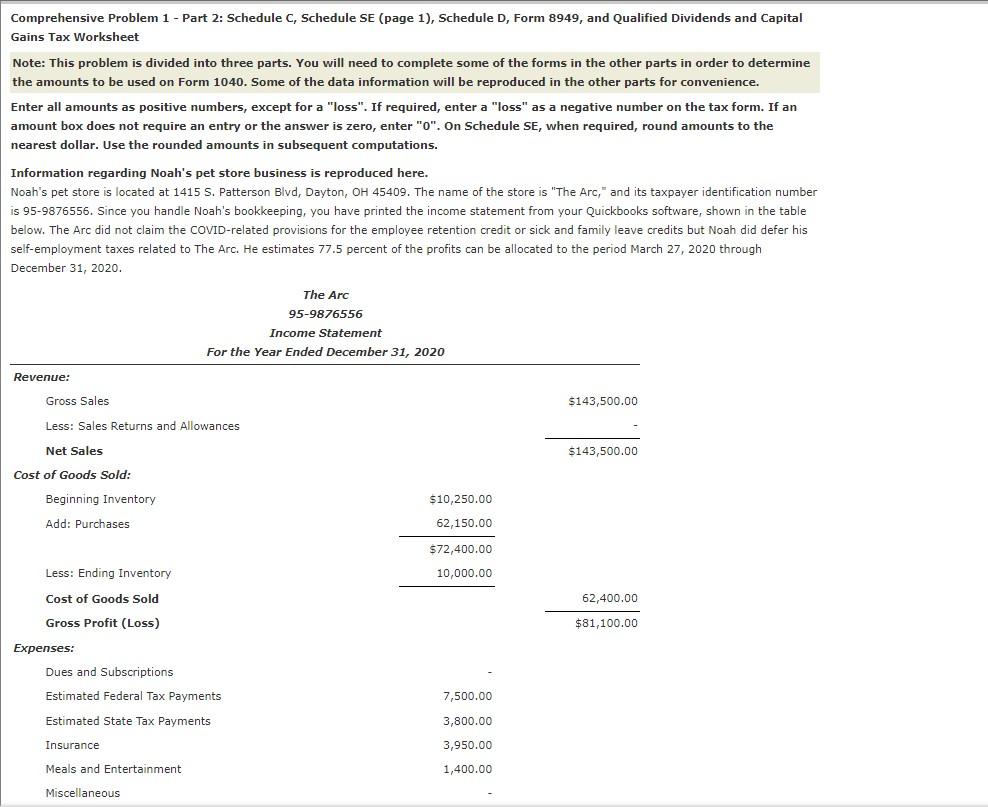 Comprehensive Problem 1 - Part 2: Schedule C, | Chegg.com