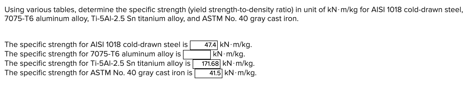 Solved Using various tables, determine the specific strength | Chegg.com