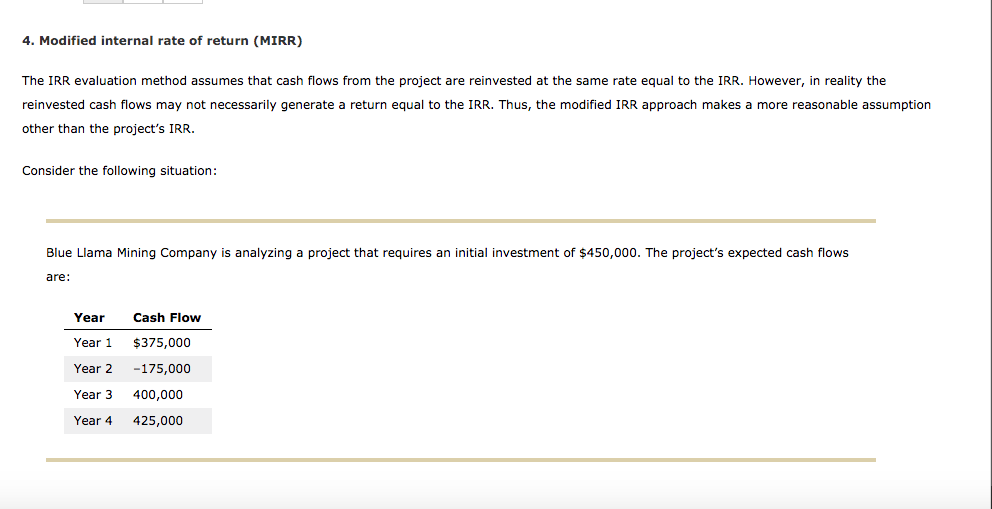 Solved 4 Modified Internal Rate Of Return Mirr The Irr