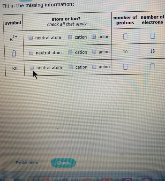 Solved Fill in the missing information: atom or ion? check | Chegg.com