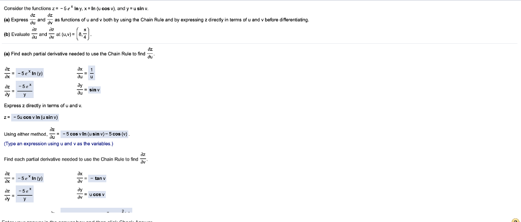 Solved Consider the functions z= -5e* Iny, x = In (u cos v), | Chegg.com
