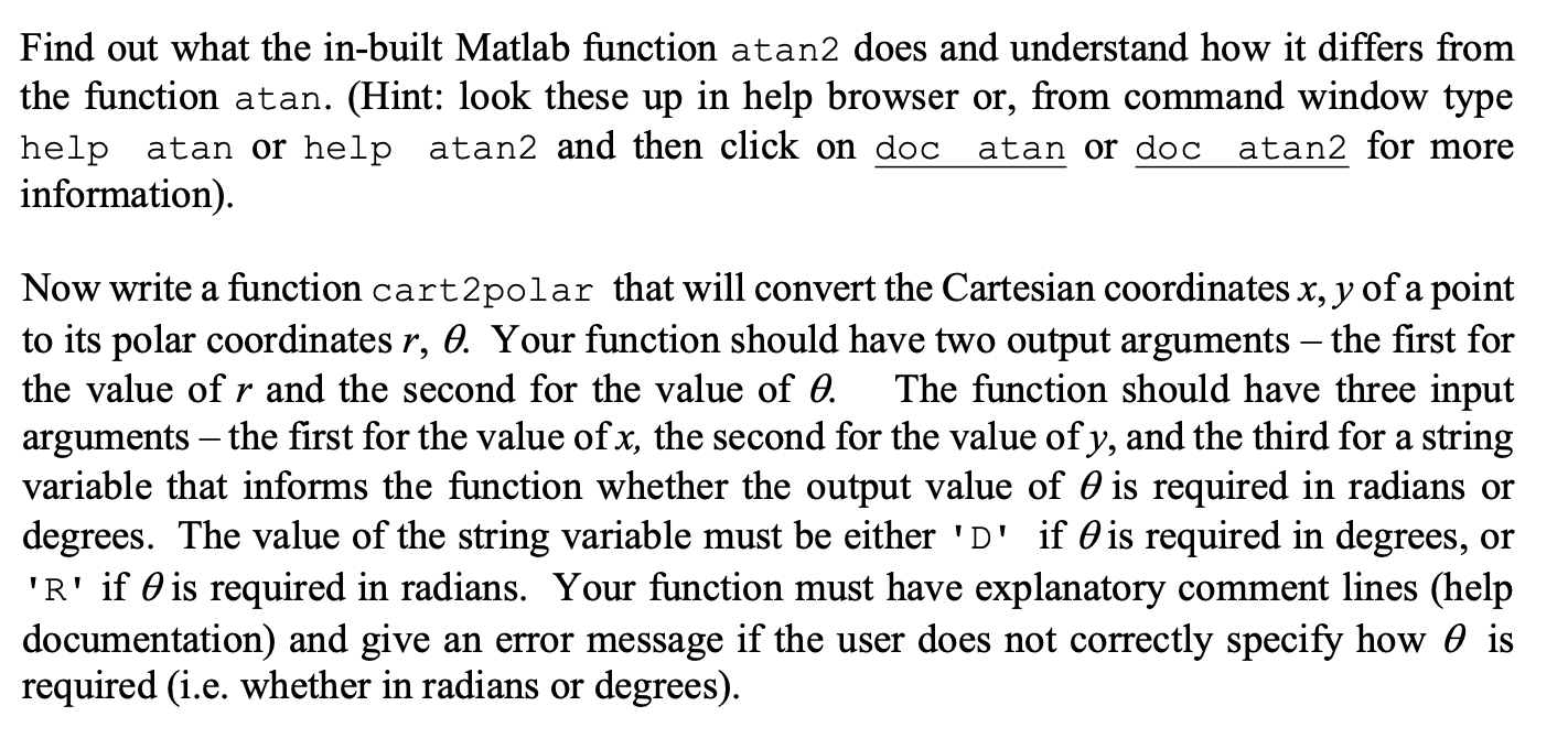 Solved Find out what the in-built Matlab function atan2 does | Chegg.com